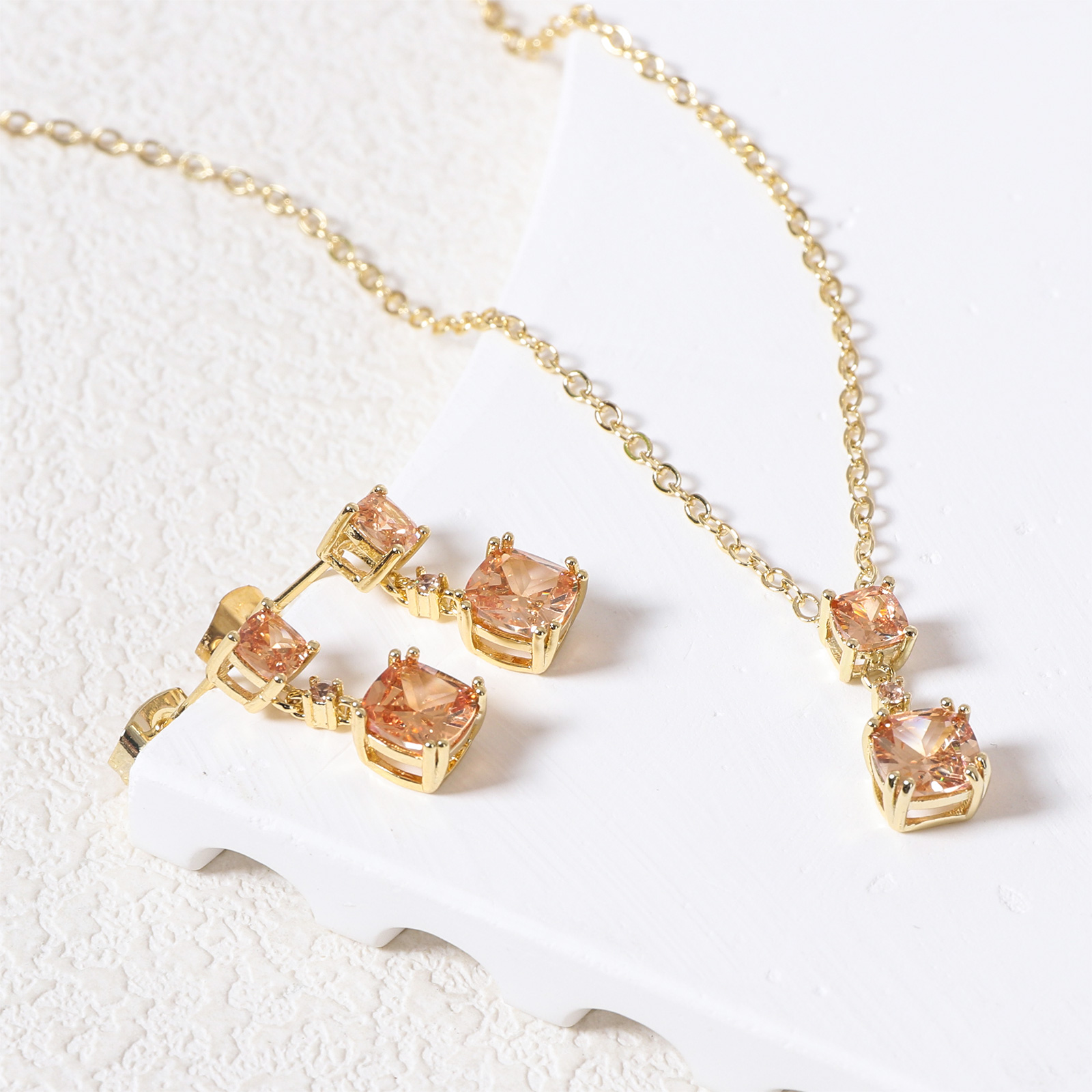 CZ Necklace and Earring Set Champagne Gold Jewelry - Justop Fashion Jewelry