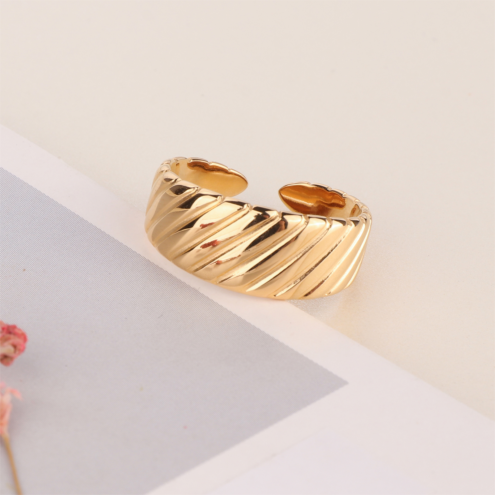 Classic Textured 18K Gold Plated Stainless Steel Open Band Ring ...