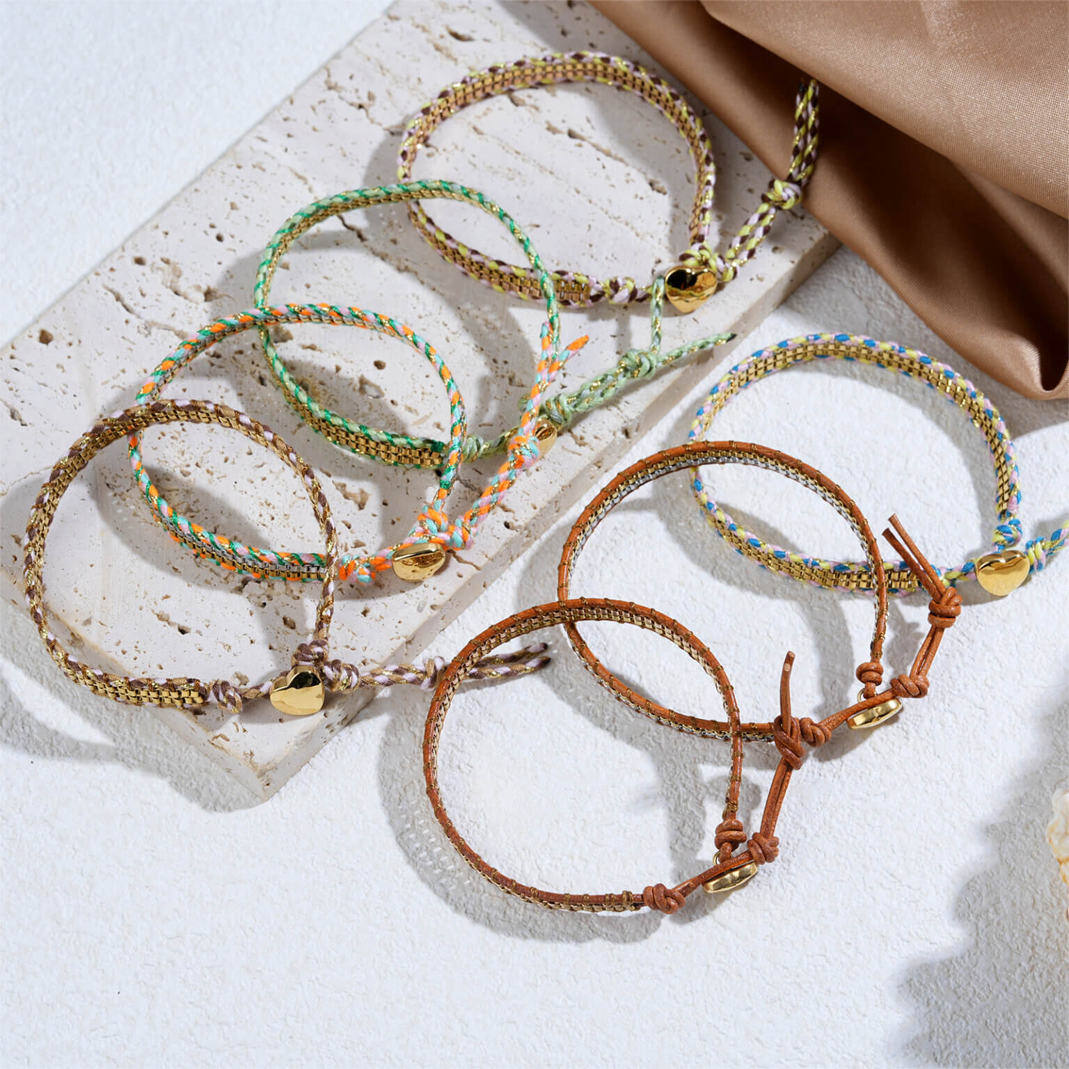 Colorful Woven Friendship Bracelets with Box Chain and Heart Charm ...
