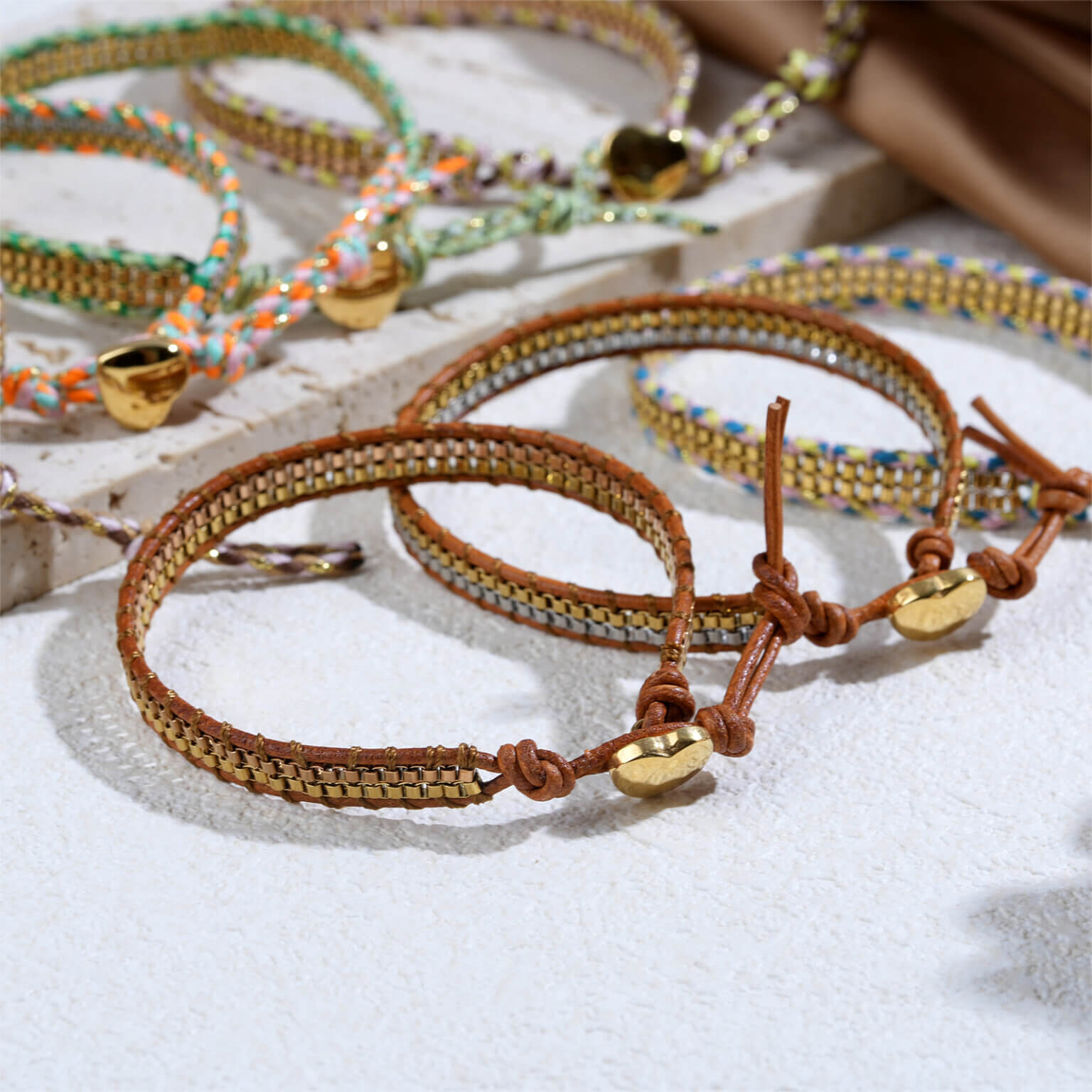 Colorful Woven Friendship Bracelets with Box Chain and Heart Charm ...