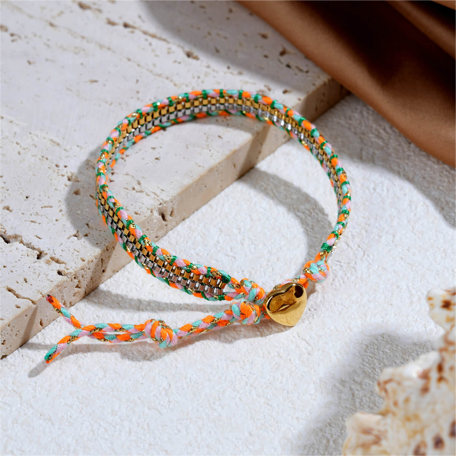 Colorful Woven Friendship Bracelets with Box Chain and Heart Charm ...