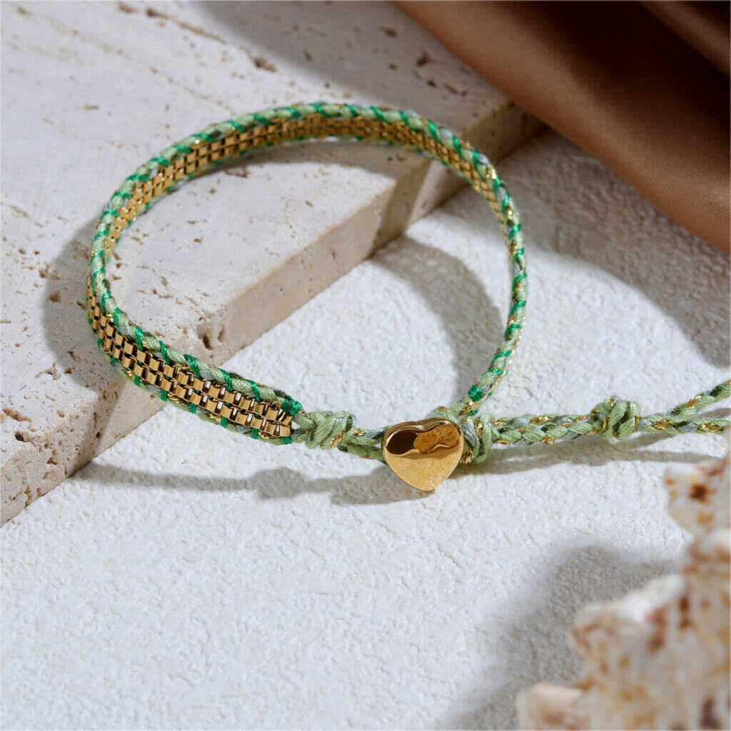 Colorful Woven Friendship Bracelets with Box Chain and Heart Charm ...