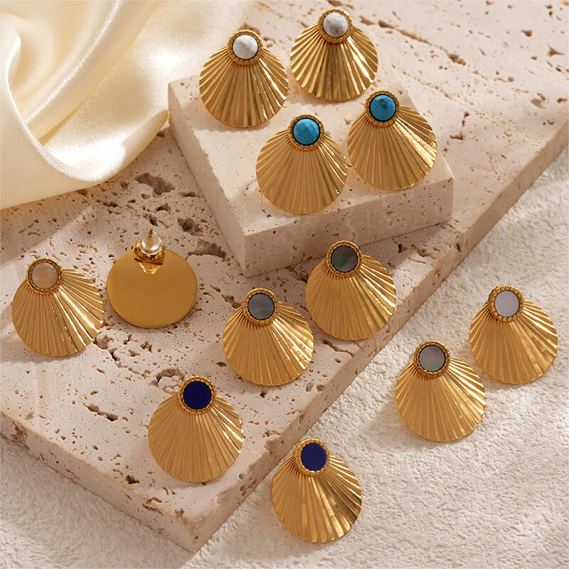 Sunbeam Elegance 18K Gold Shell Shaped Earrings with Natural Stone and ...